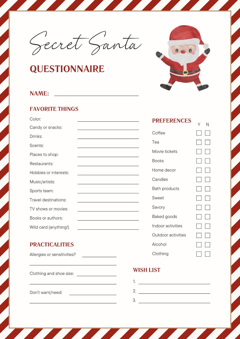 Secret Santa Questionnaire - Etsy