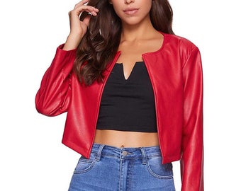 Red Cropped Leather Jacket - Etsy