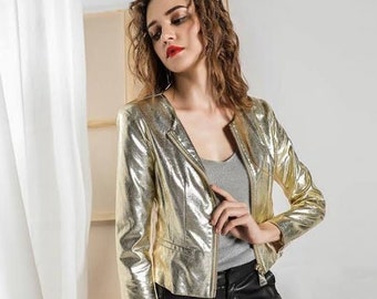 Women's Light Gold Metallic Foil Solid Casual Motorcycle Biker Leather ...