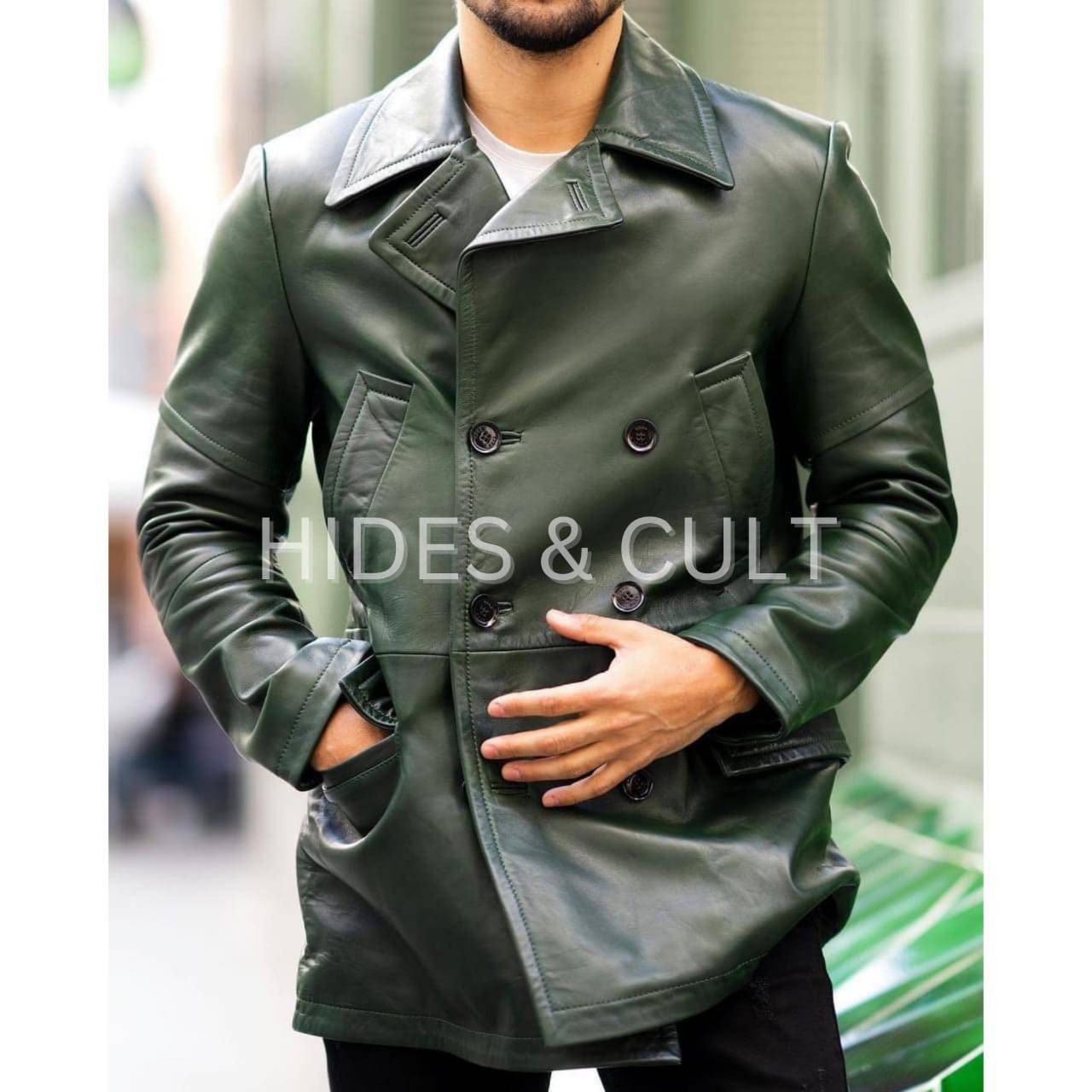 Men's Olive Green Solid Double Breasted Leather Trench Coat, Men's ...
