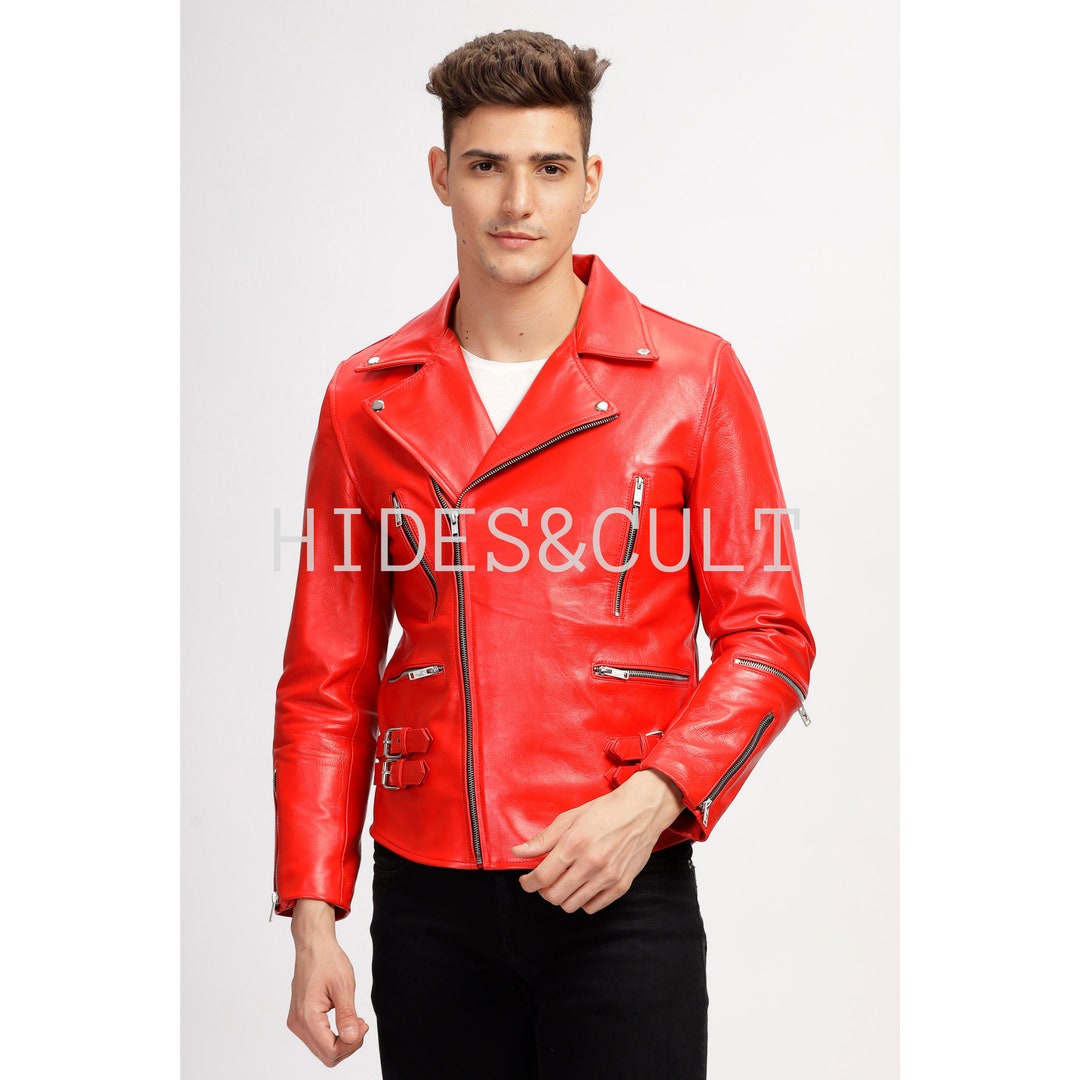Men's Red Slim Fit Motorcycle Biker Leather Jacket, Men's Red Leather ...