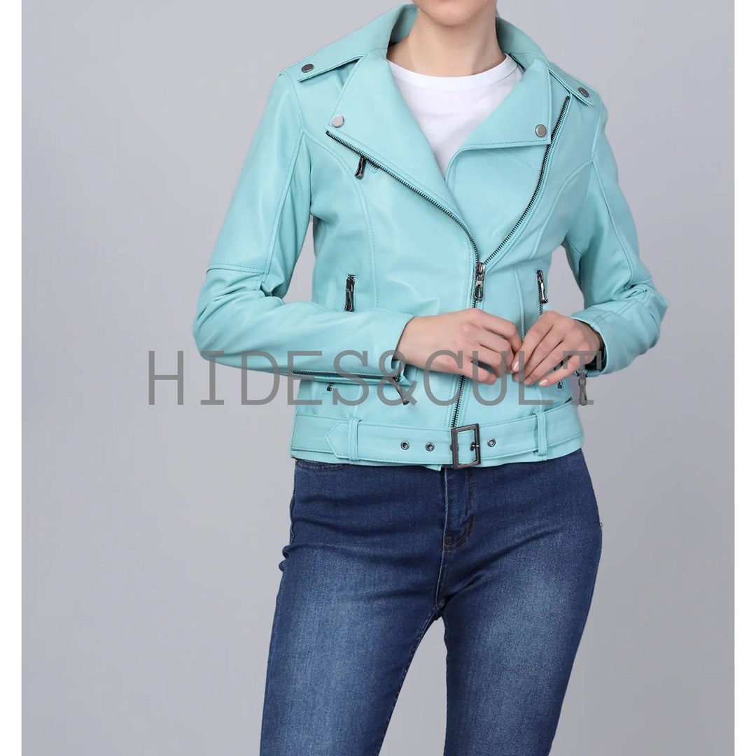 Women's Light Blue/turquoise Blue Solid Motorcycle Biker Leather Jacket ...