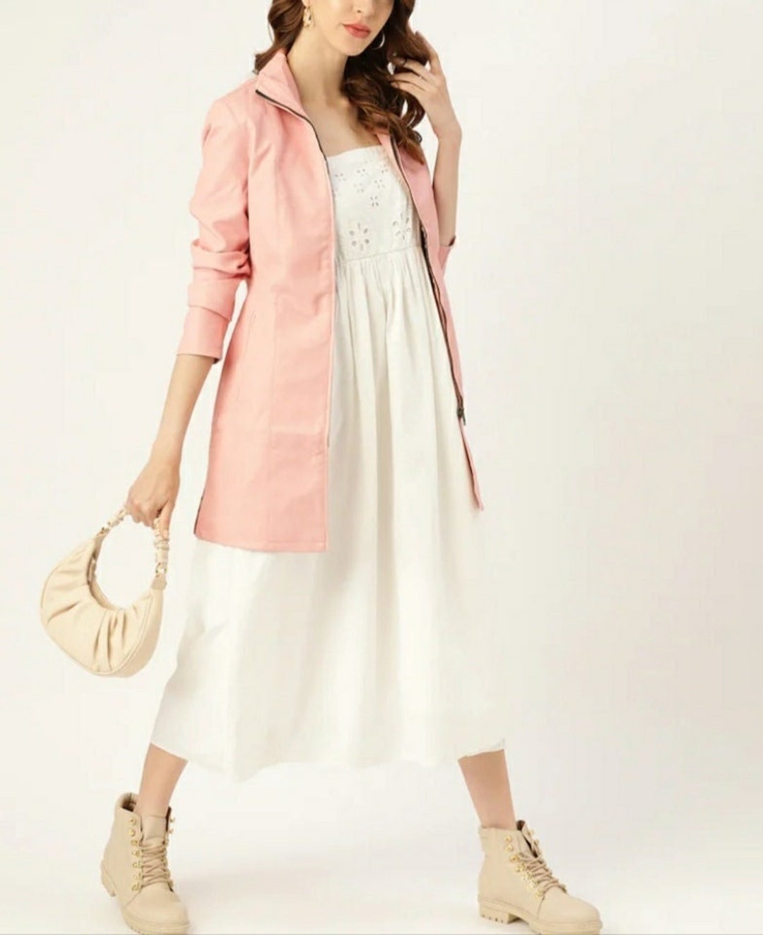 Women Light Pink Solid Casual Tailored Long Leather Jacket, Women Pink ...