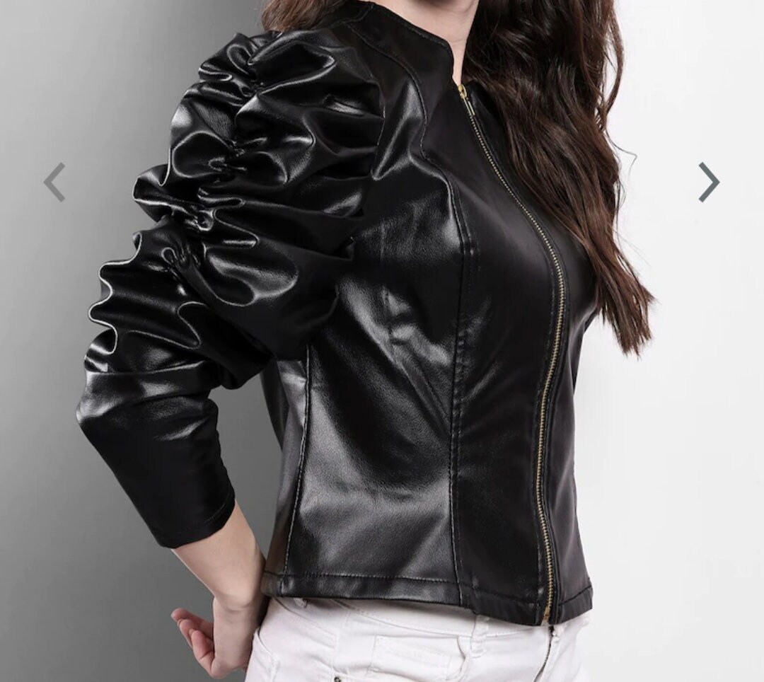 Women Black Solid Casual Party Leather Jacket With Ruche - Etsy