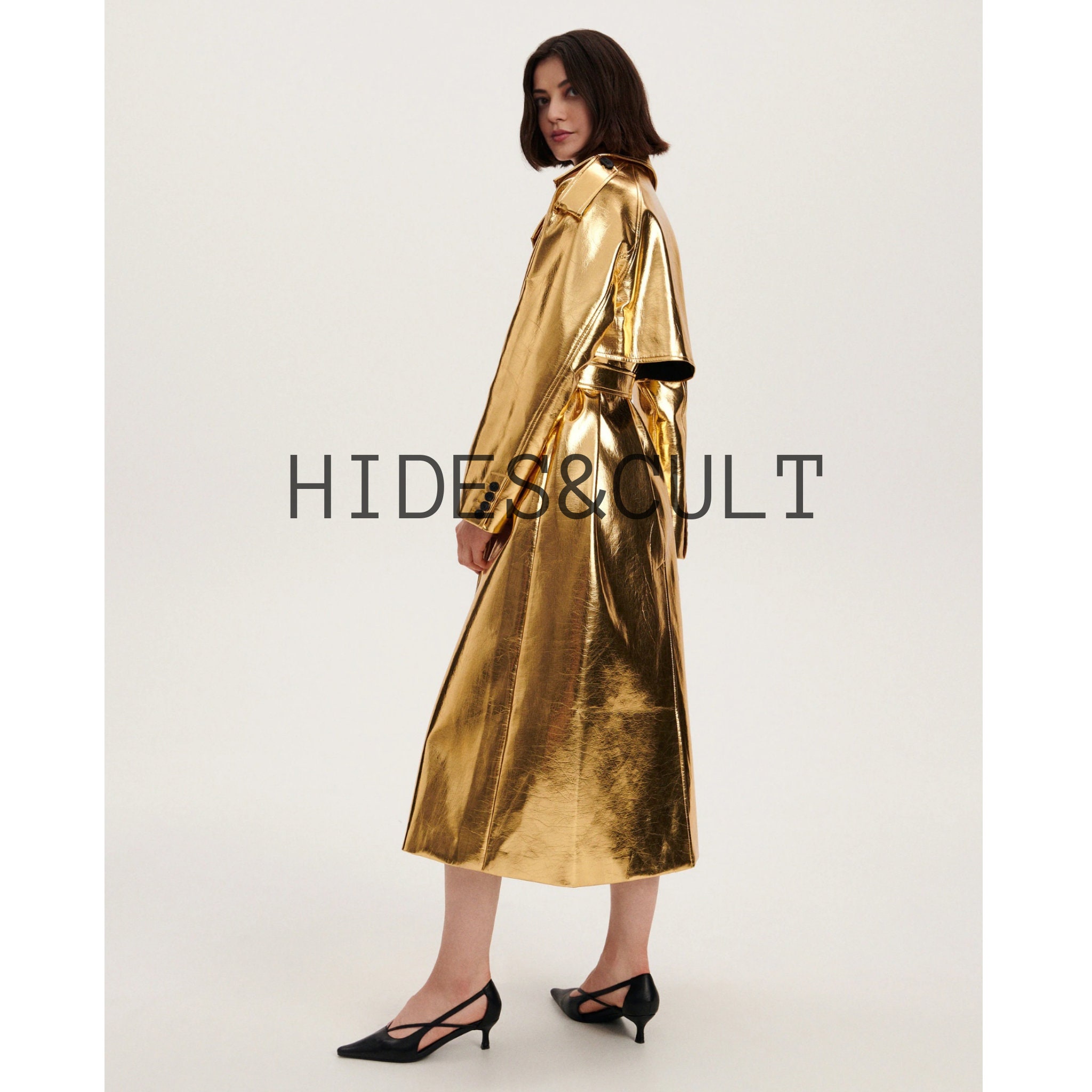 Women's Shiny Yellow Gold Metallic Foil Double Breasted Leather Trench ...