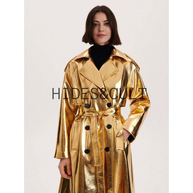 Women's Shiny Yellow Gold Metallic Foil Double Breasted Leather Trench ...