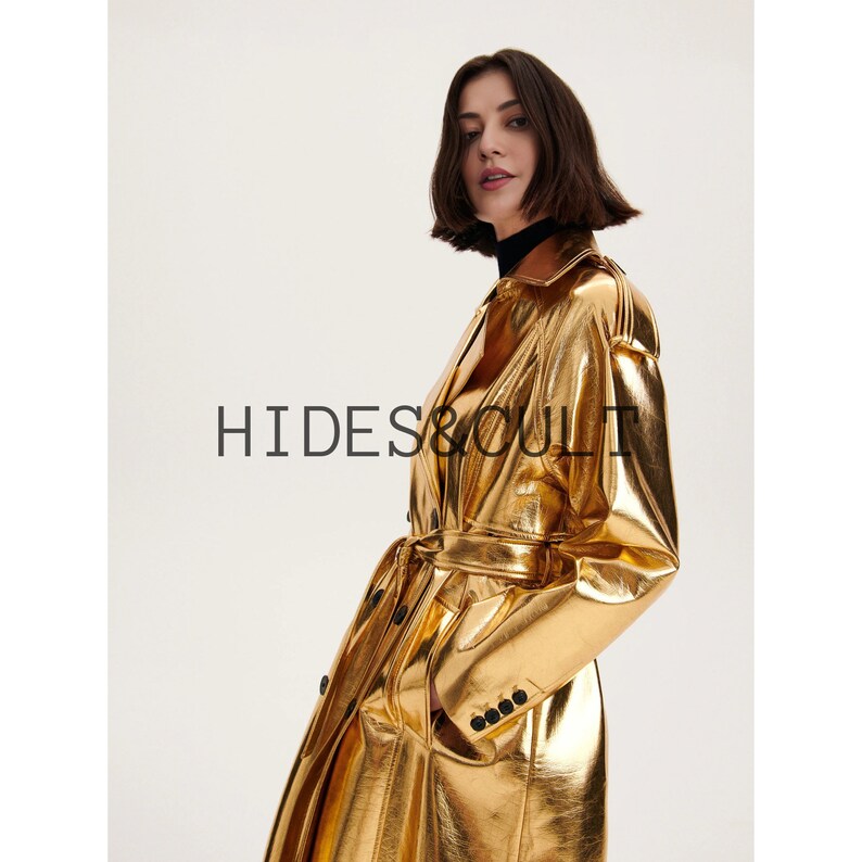 Women's Shiny Yellow Gold Metallic Foil Double Breasted Leather Trench ...