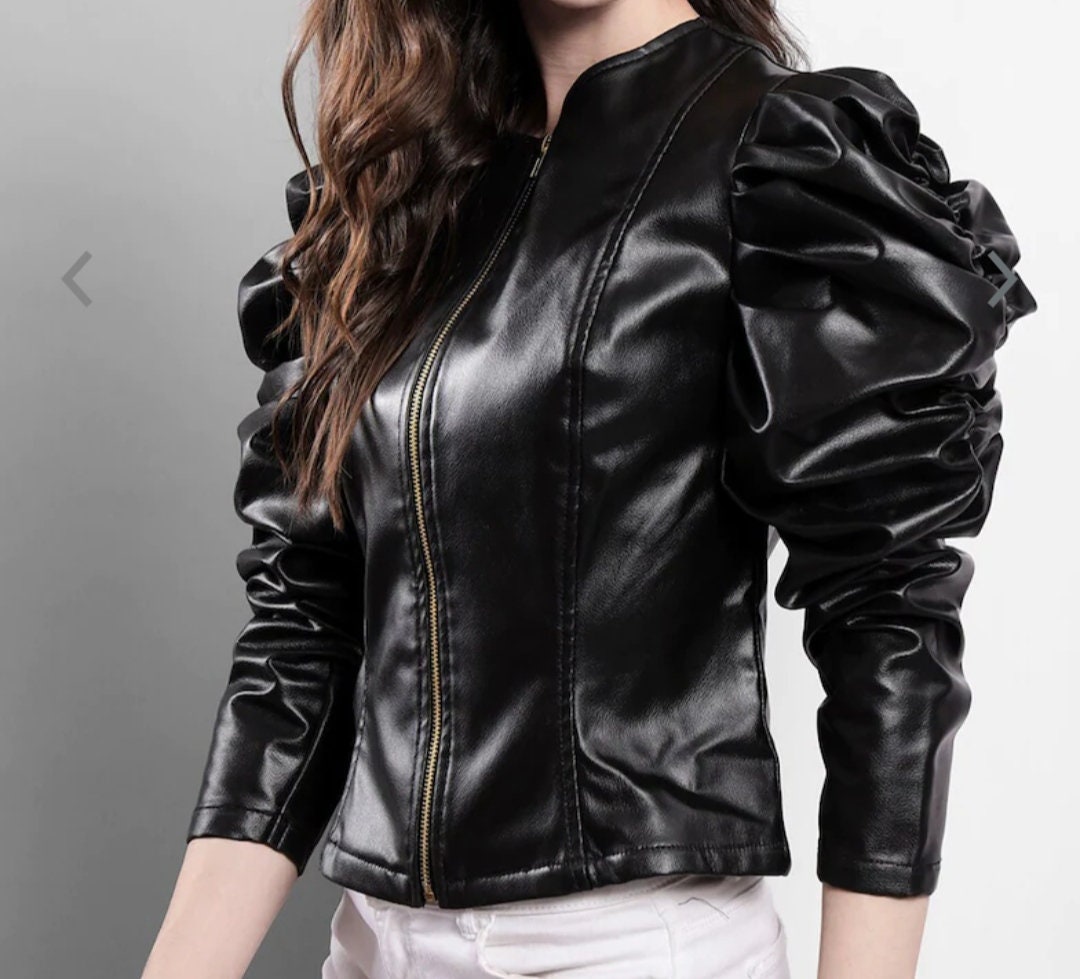 Women Black Solid Casual Party Leather Jacket With Ruche - Etsy