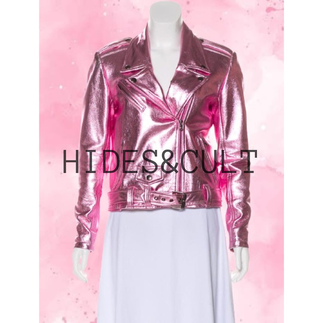Women's Pink Metallic Foil Biker Leather Jacket, Women's Pink Leather ...