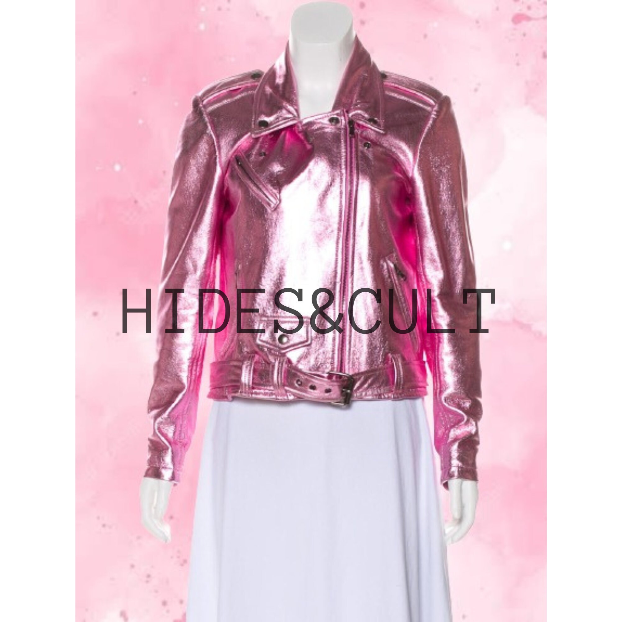 Women's Pink Metallic Foil Biker Leather Jacket, Women's Pink Leather ...