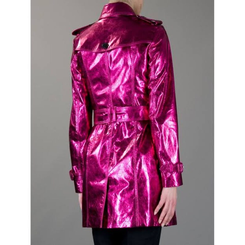 Women's Fuchsia Pink Metallic Foil Double Breasted Belted Leather ...