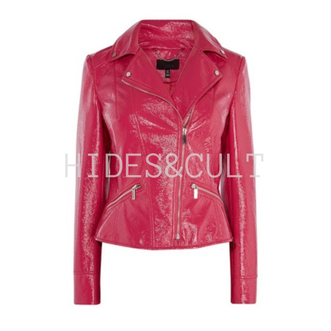 Women Pink Patent PVC Vinyl Effect Motorcycle Biker Leather Jacket ...