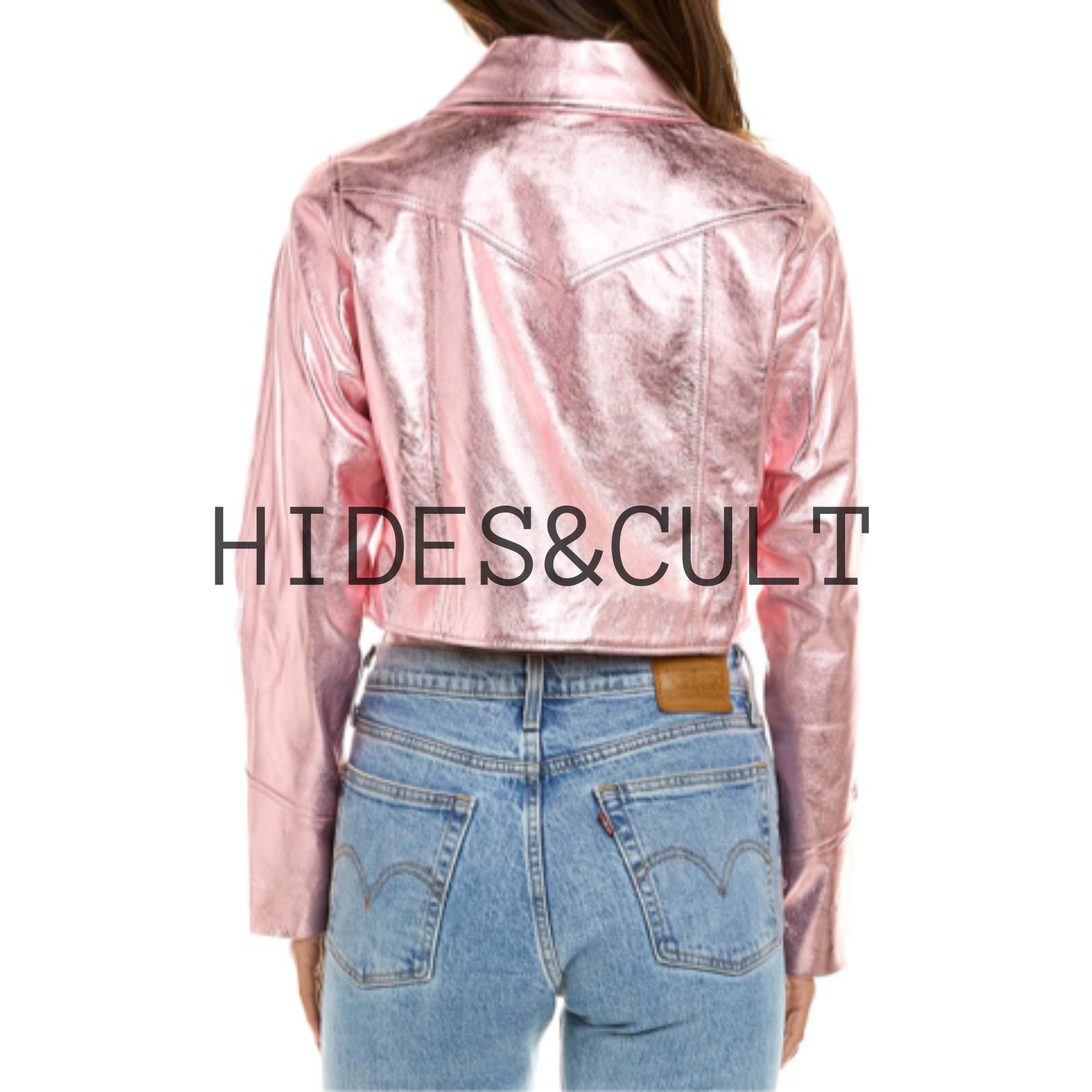 Women's Pink Metallic Foil Biker Leather Jacket, Women's Pink Leather ...