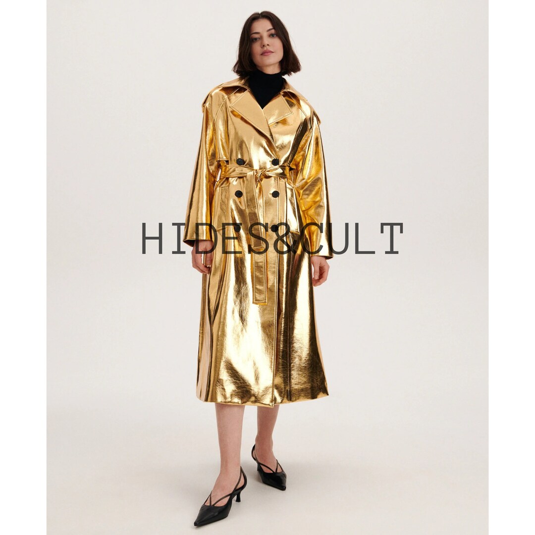 Women's Shiny Yellow Gold Metallic Foil Double Breasted Leather Trench ...