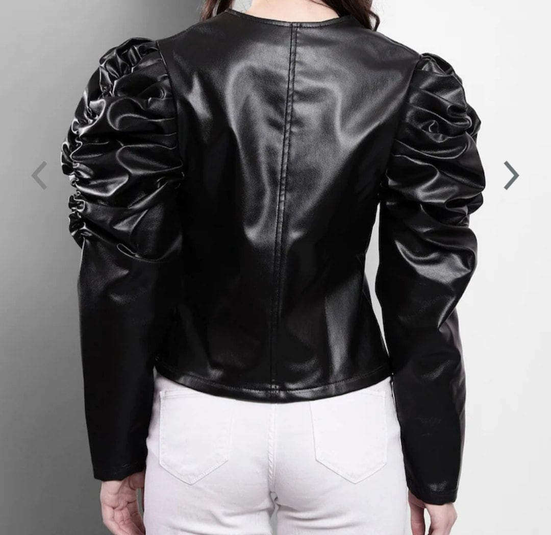 Women Black Solid Casual Party Leather Jacket With Ruche - Etsy
