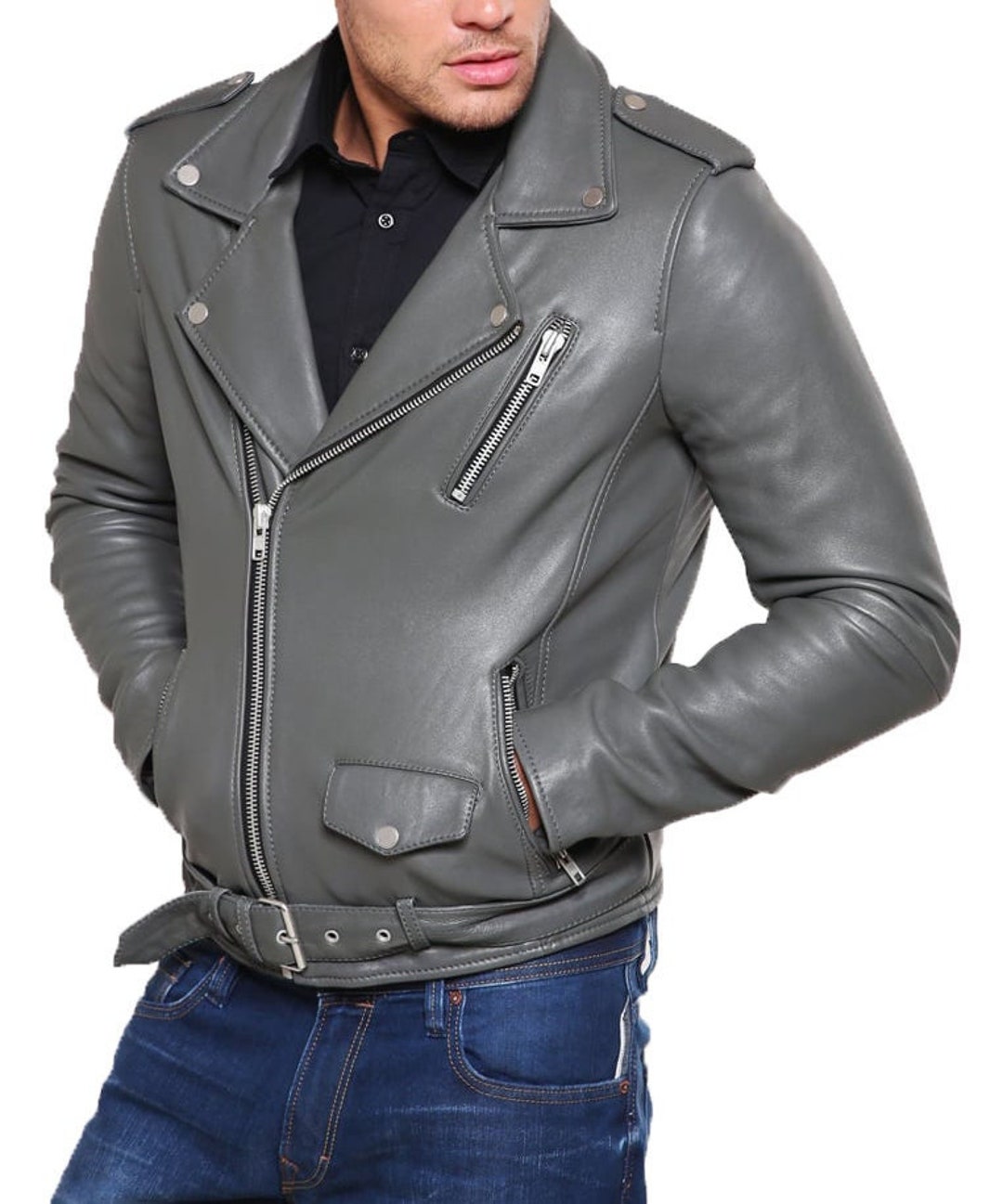 Men Grey Solid Casual Tailored Motorcycle Biker Leather - Etsy