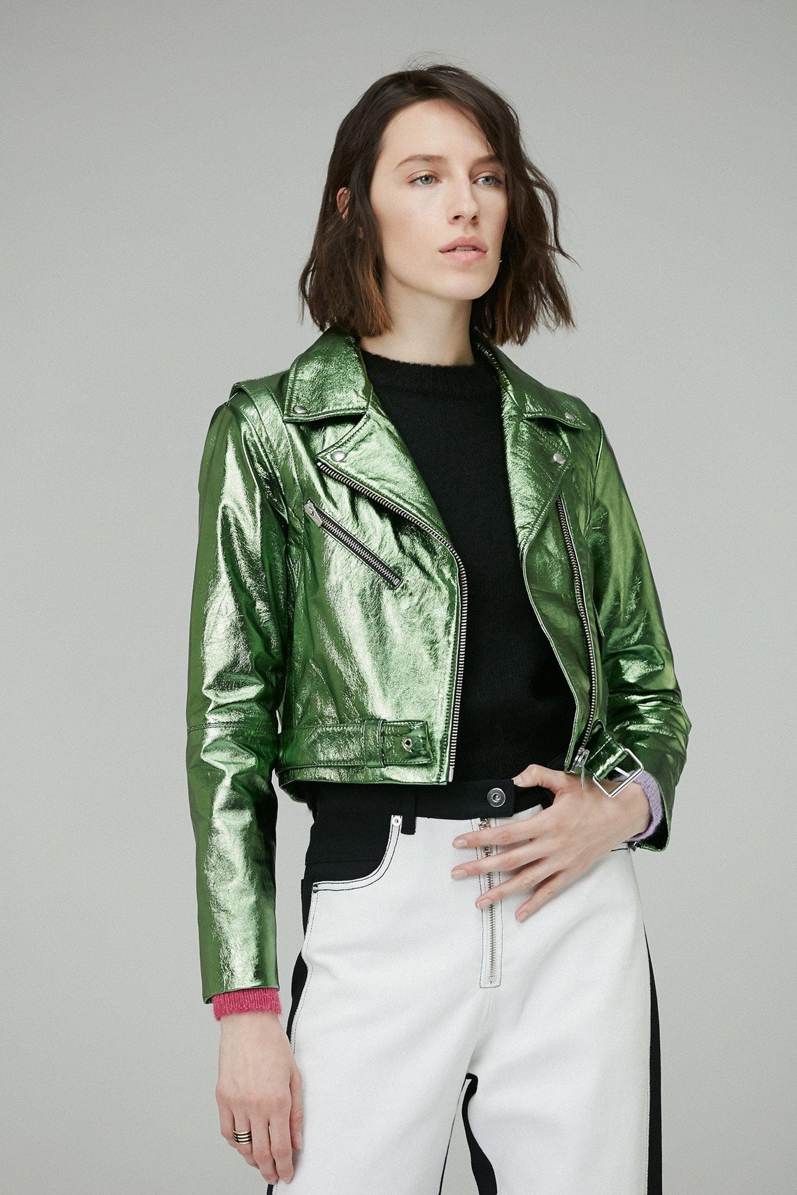 Women's Green Metallic Foil Biker Leather Jacket, Women's Green Leather ...