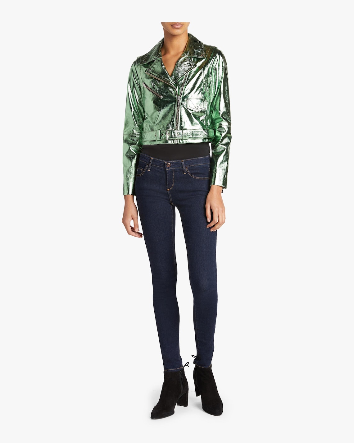 Women's Green Metallic Foil Biker Leather Jacket, Women's Green Leather ...