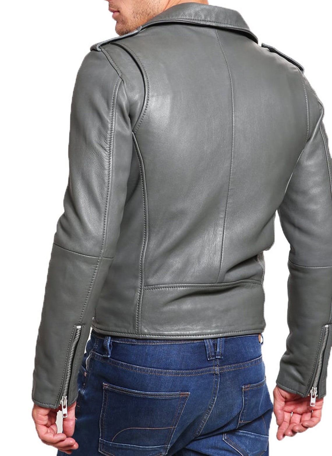 Men Grey Solid Casual Tailored Motorcycle Biker Leather - Etsy