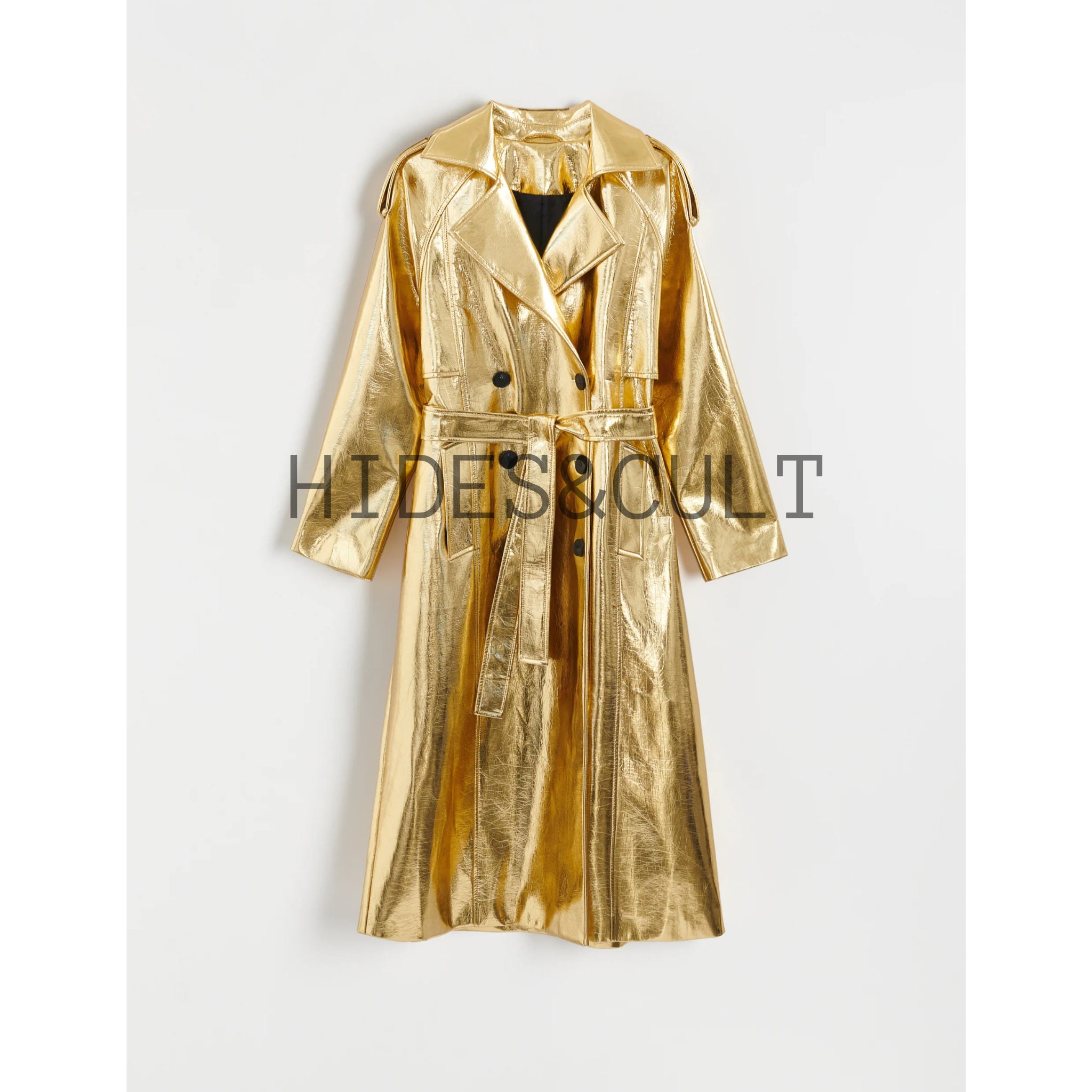 Women's Shiny Yellow Gold Metallic Foil Double Breasted Leather Trench ...