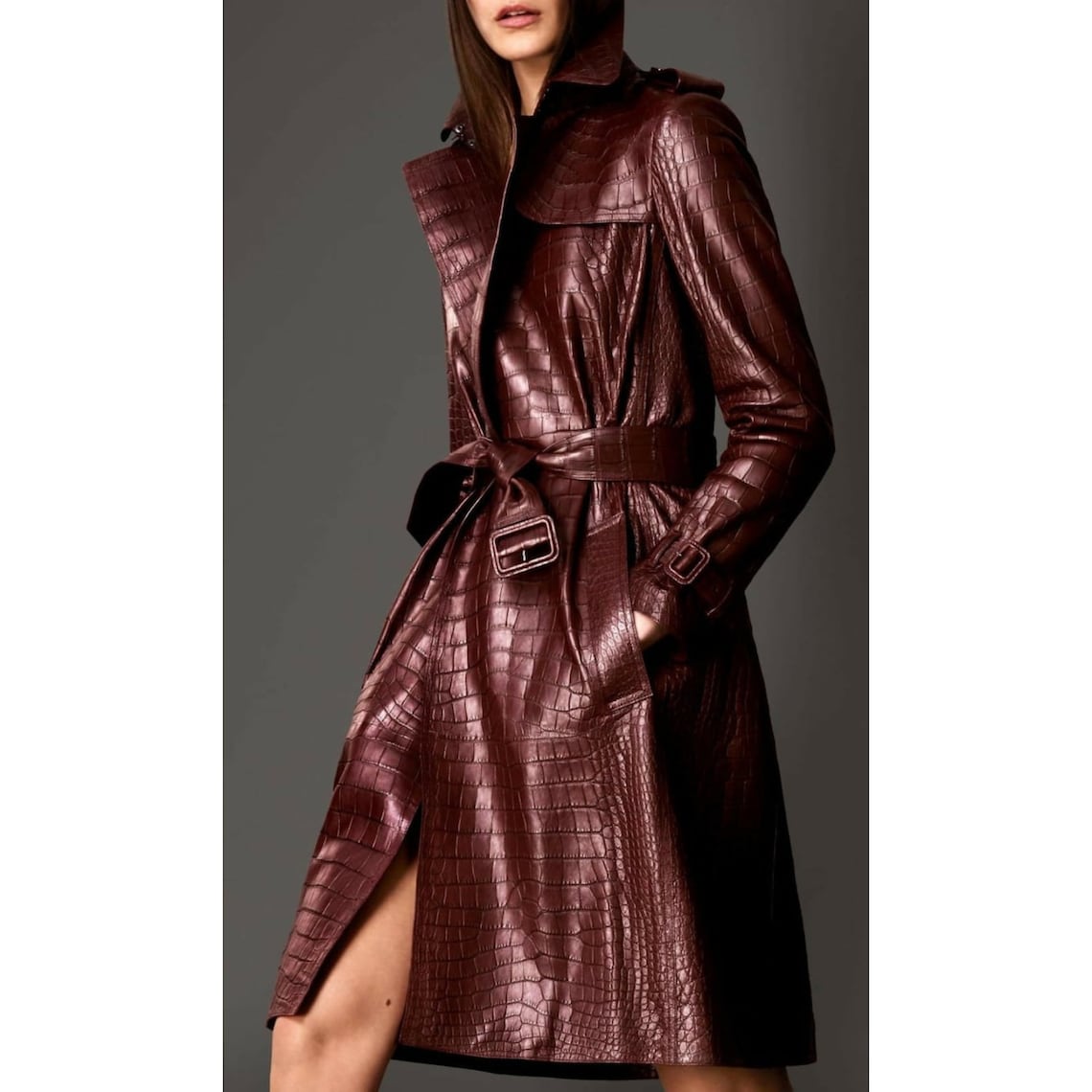 Women Burgundy Red Croc Print Solid Double Breasted Leather Trench Coat, Women Burgundy ...