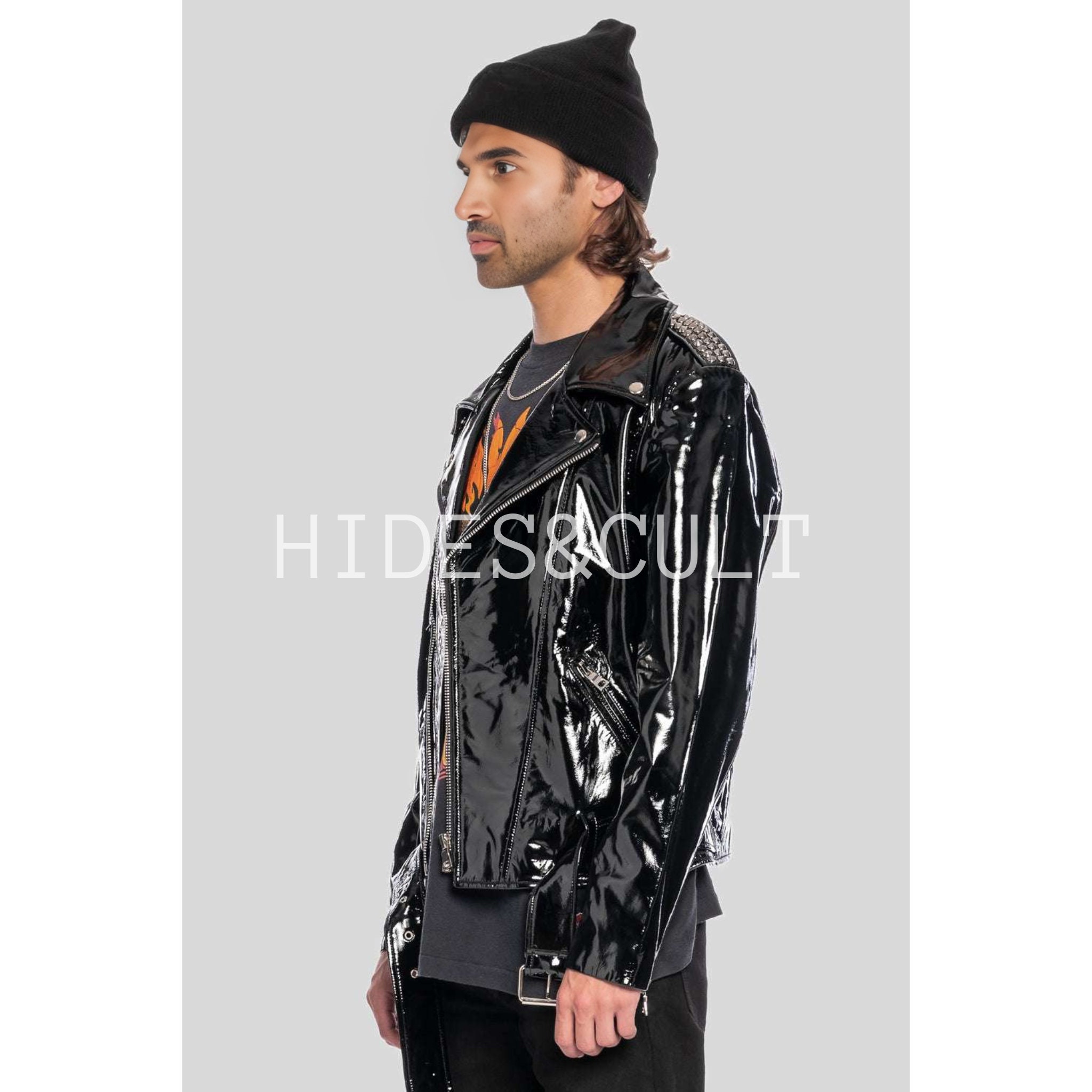 Men's Black Patent Motorcycle Biker Leather Jacket, Men's Black PVC ...