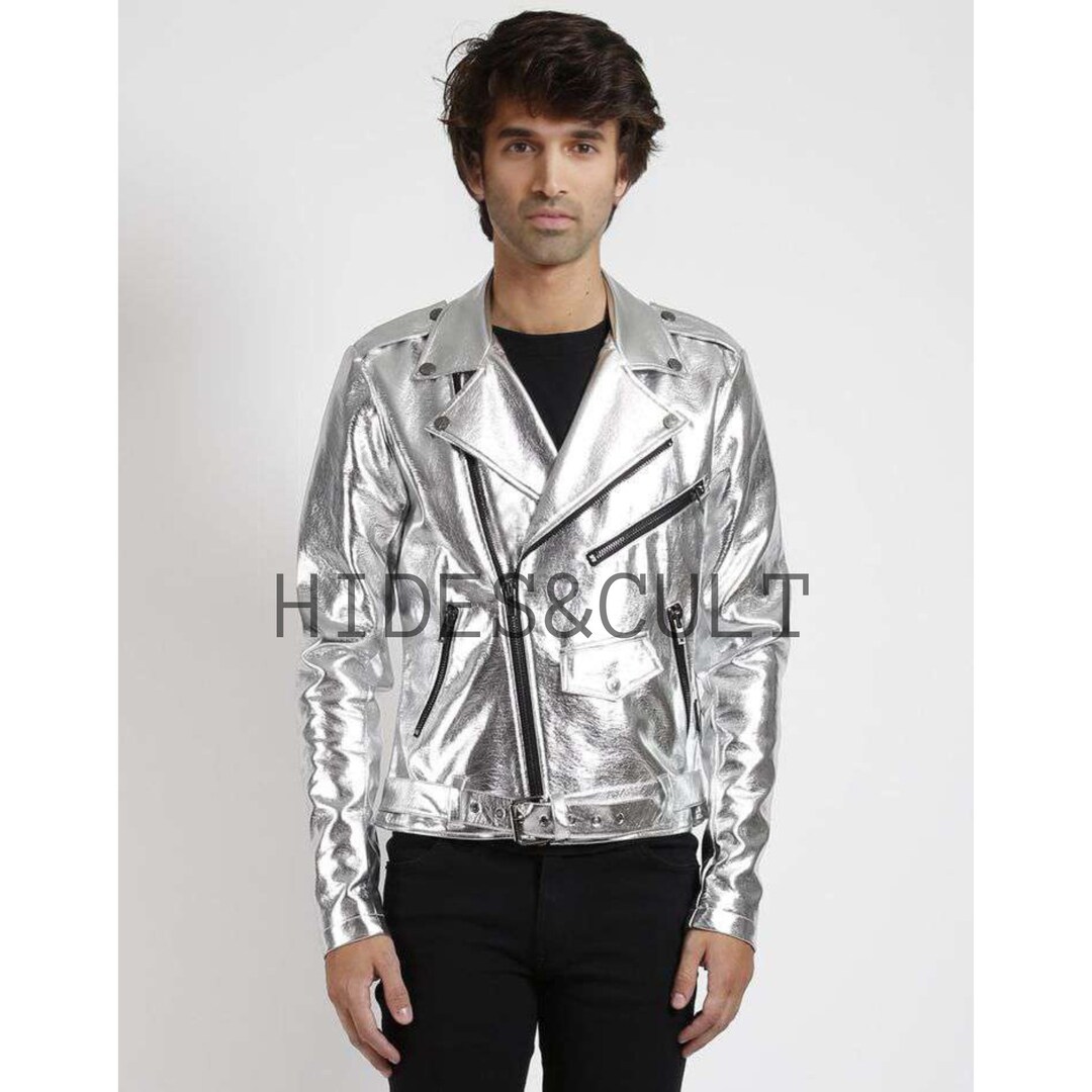 Men's Silver Metallic Foil Effect Solid Casual Tailored Motorcycle ...