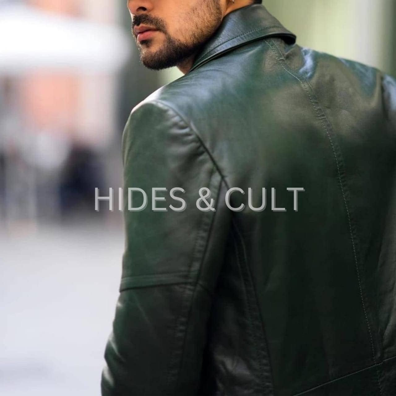 Men's Olive Green Solid Double Breasted Leather Trench Coat, Men's Green Leather Jacket, Men's ...