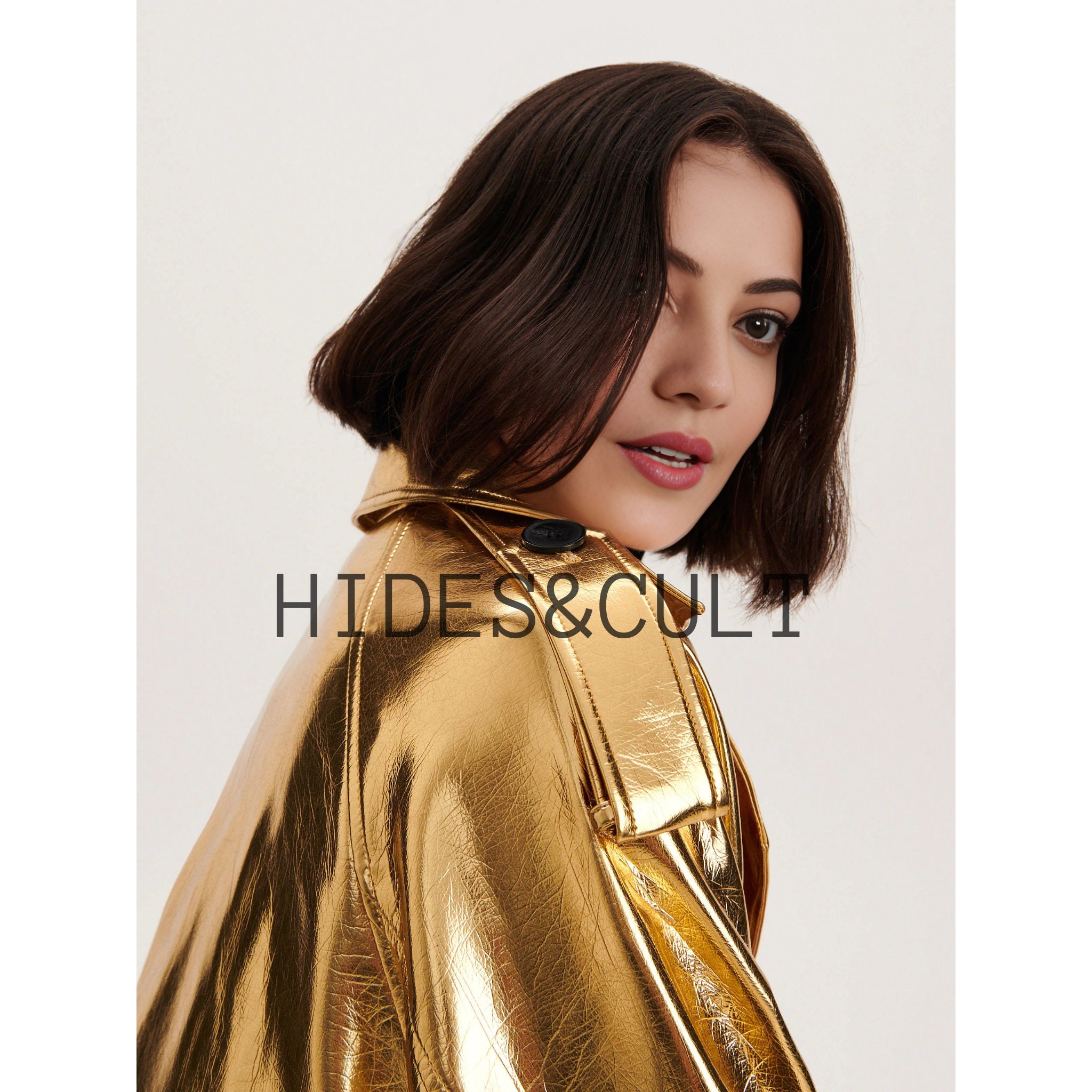 Women's Shiny Yellow Gold Metallic Foil Double Breasted Leather Trench ...