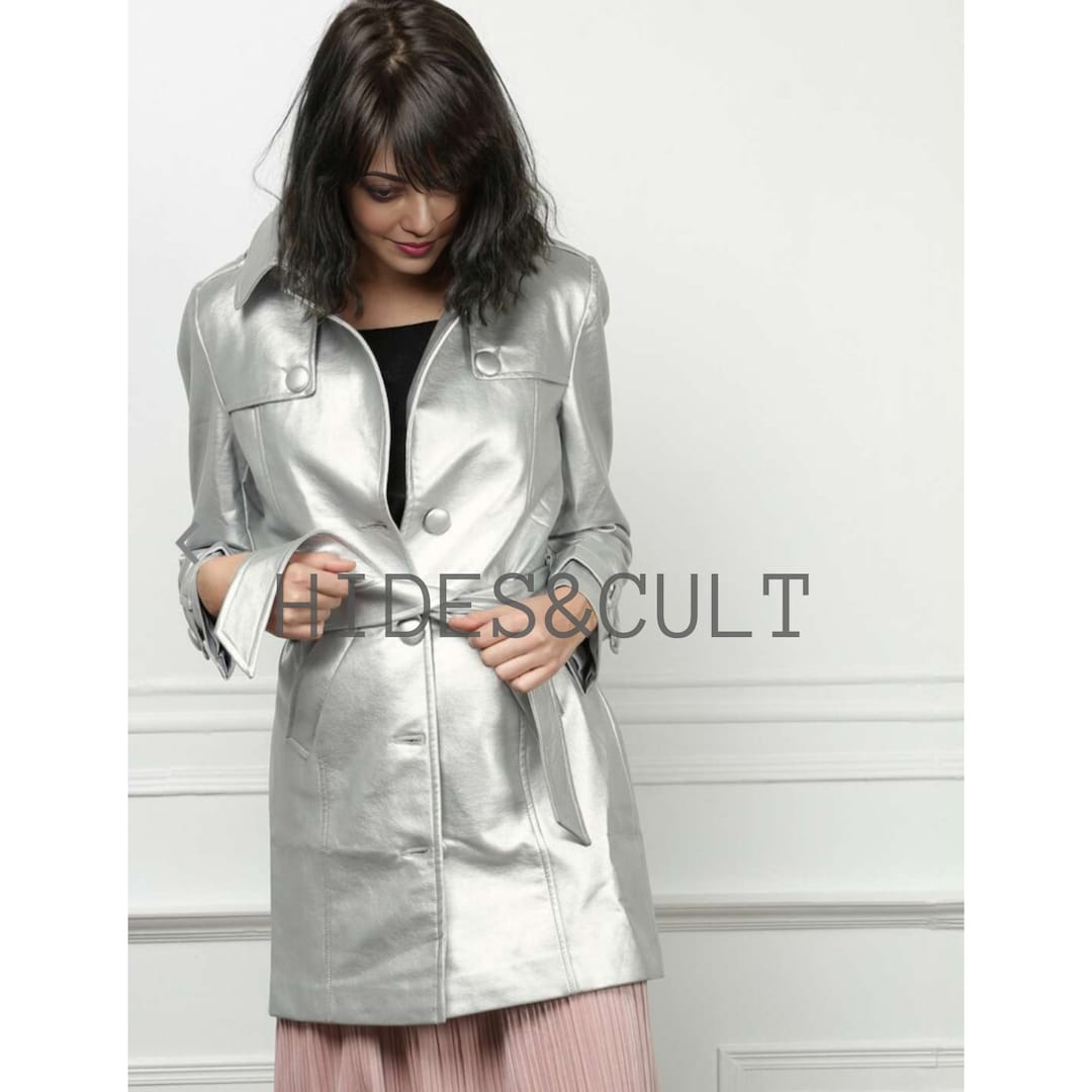 Women's Silver Metallic Foil Effect Single Breasted Leather Trench Coat ...