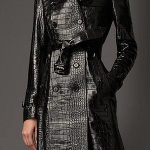 Women Red Crocodile Print Solid Double Breasted Leather Trench Coat ...