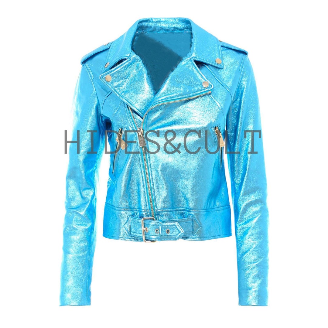 Women's Sky Blue Metallic Foil Biker Leather Jacket, Women's Blue Foil ...