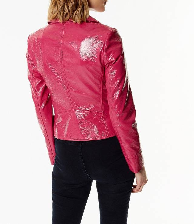 Women Pink Patent PVC Vinyl Effect Motorcycle Biker Leather Jacket ...