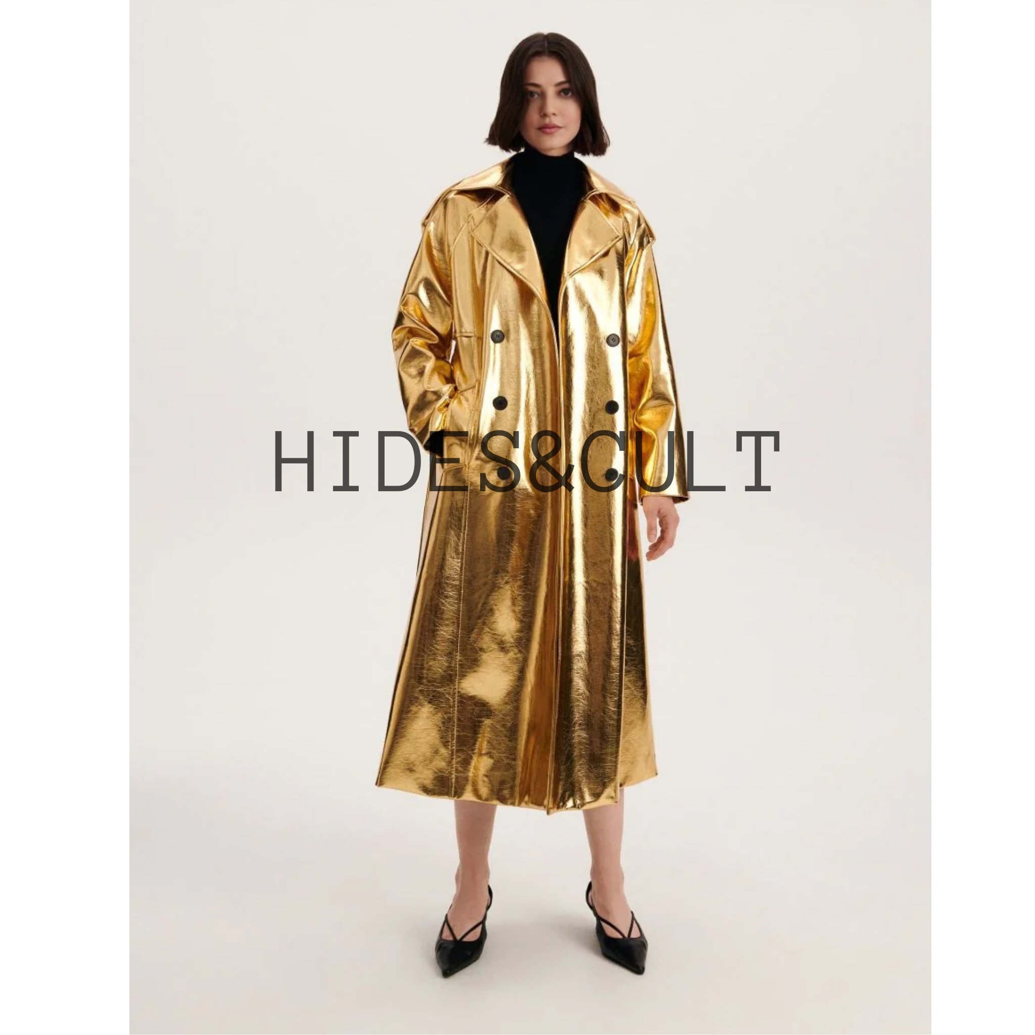 Women's Shiny Yellow Gold Metallic Foil Double Breasted Leather Trench ...