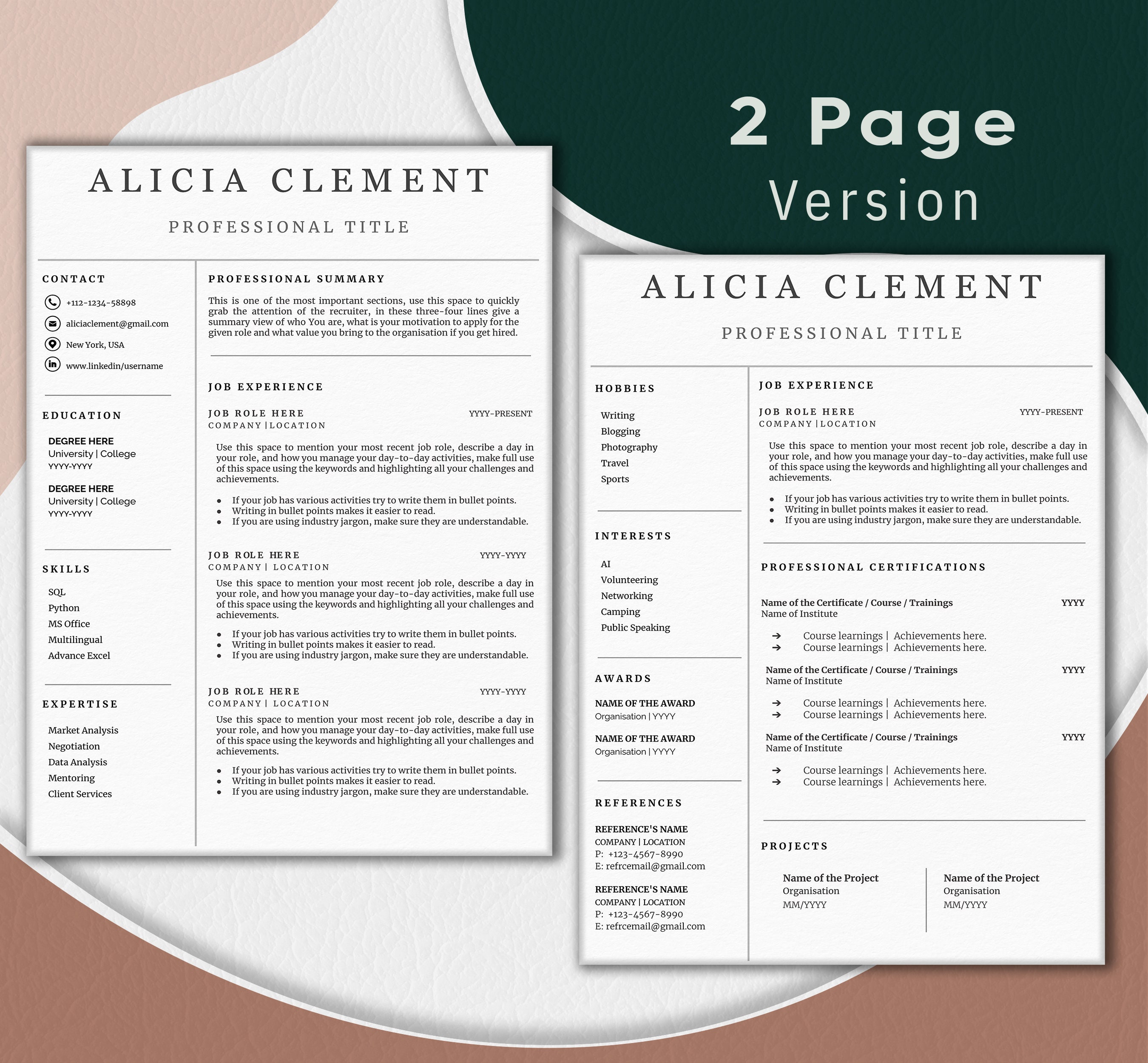 Minimalist Professional Resume Template for Word & Google Docs, Resume ...