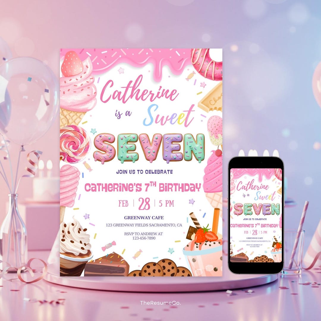 Sweet Seven Birthday Invite, 7th Birthday Invite, Candy Birthday Invite ...
