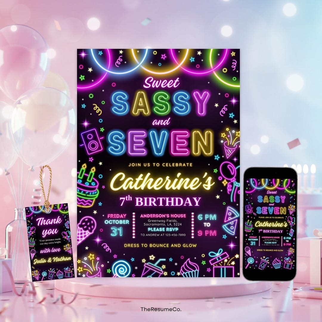 Editable Sweet Sassy and Seven Birthday Party Invitation Neon Glow ...