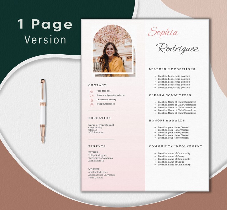 Sorority Resume Template With Photo, Editable Rush Resume Template ...