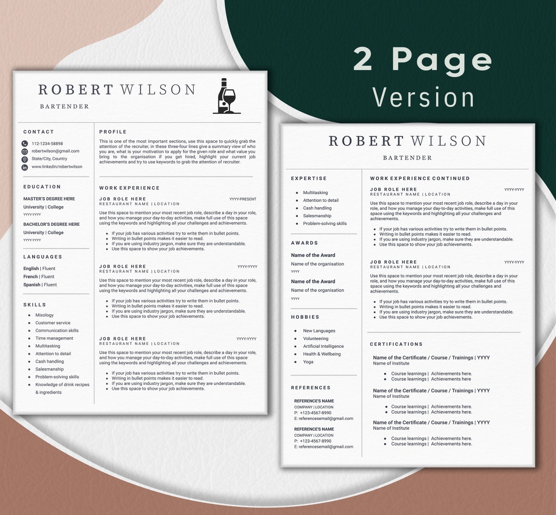 Bartender Resume Template, Bar Managers, Mixologists, Baristas Resume ...