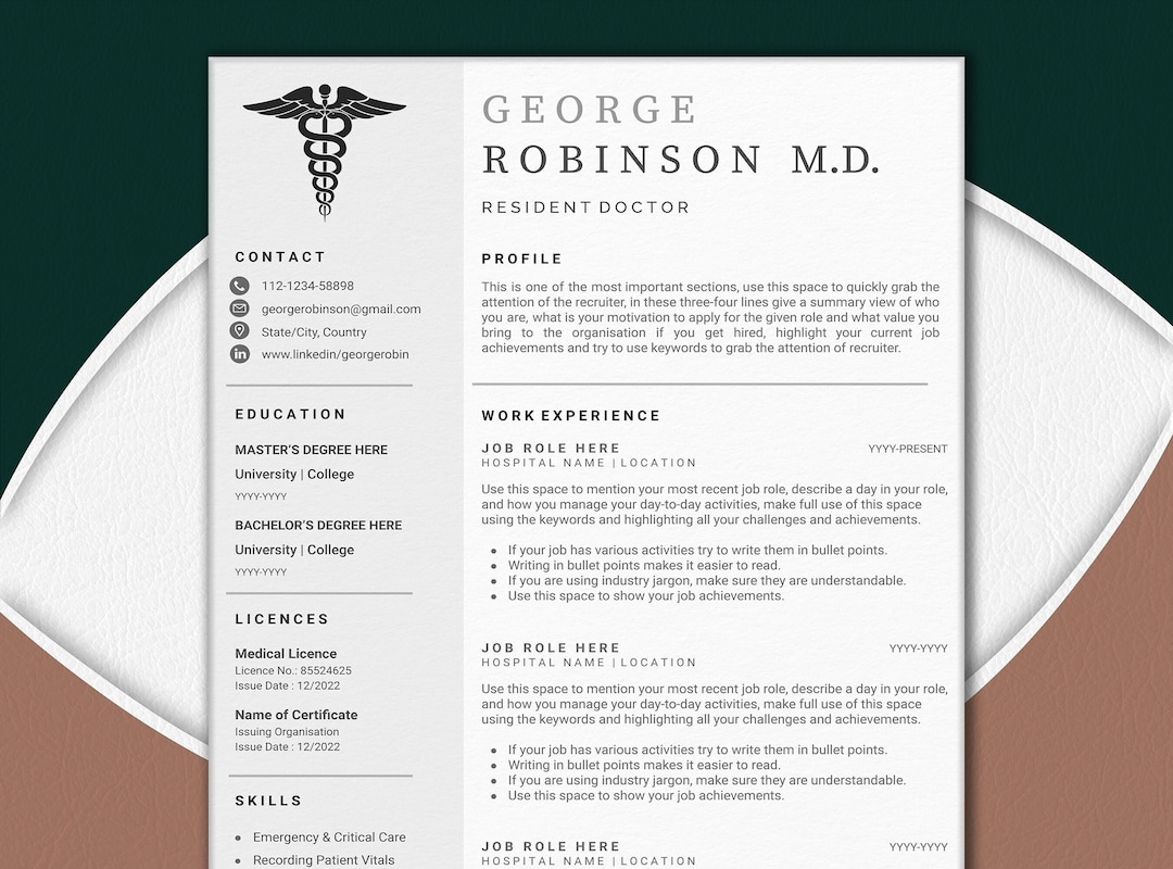 Doctor Resume Template Word & Google Docs | Medical Resume Template for ...