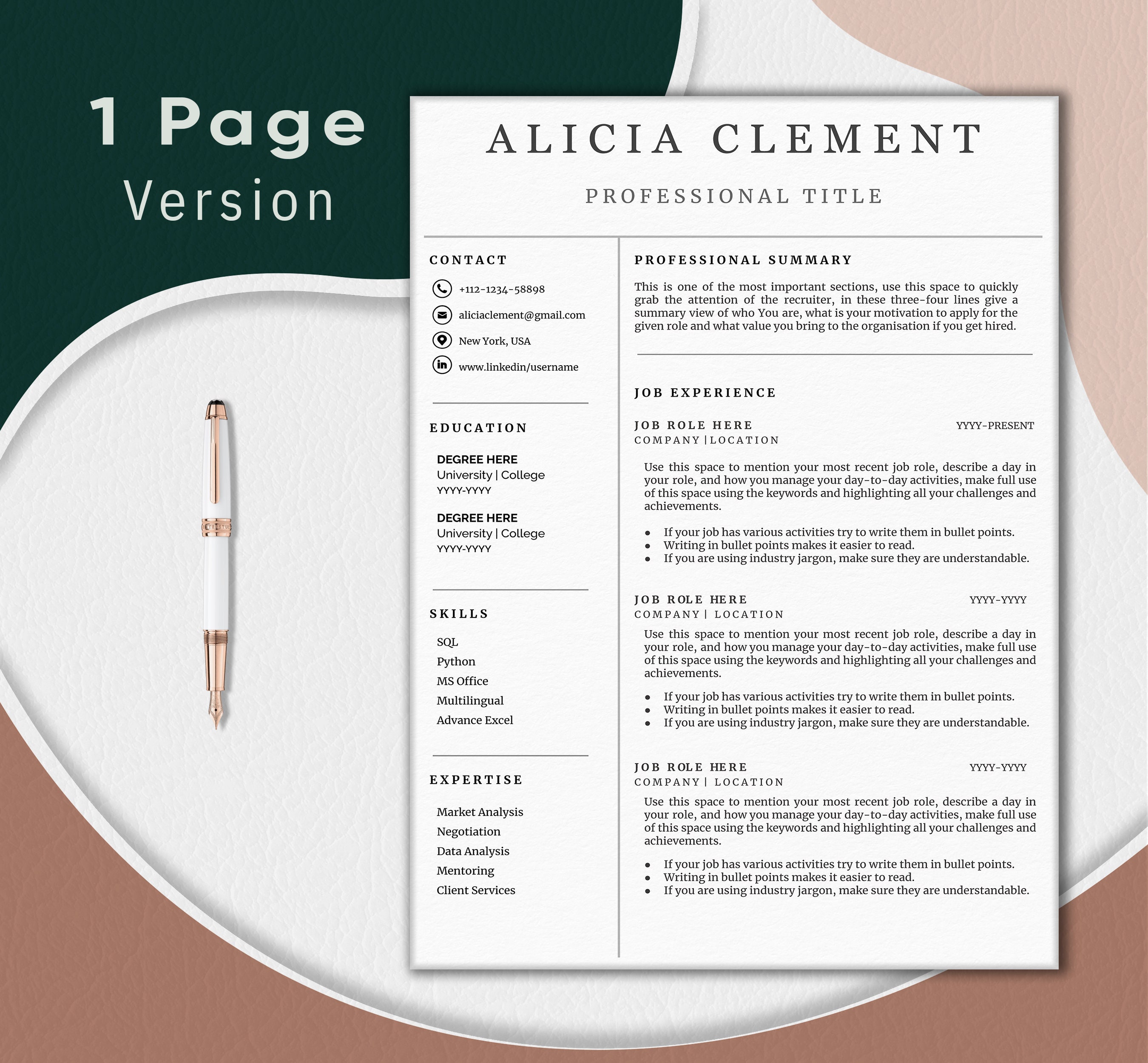 Minimalist Professional Resume Template for Word & Google Docs, Resume ...