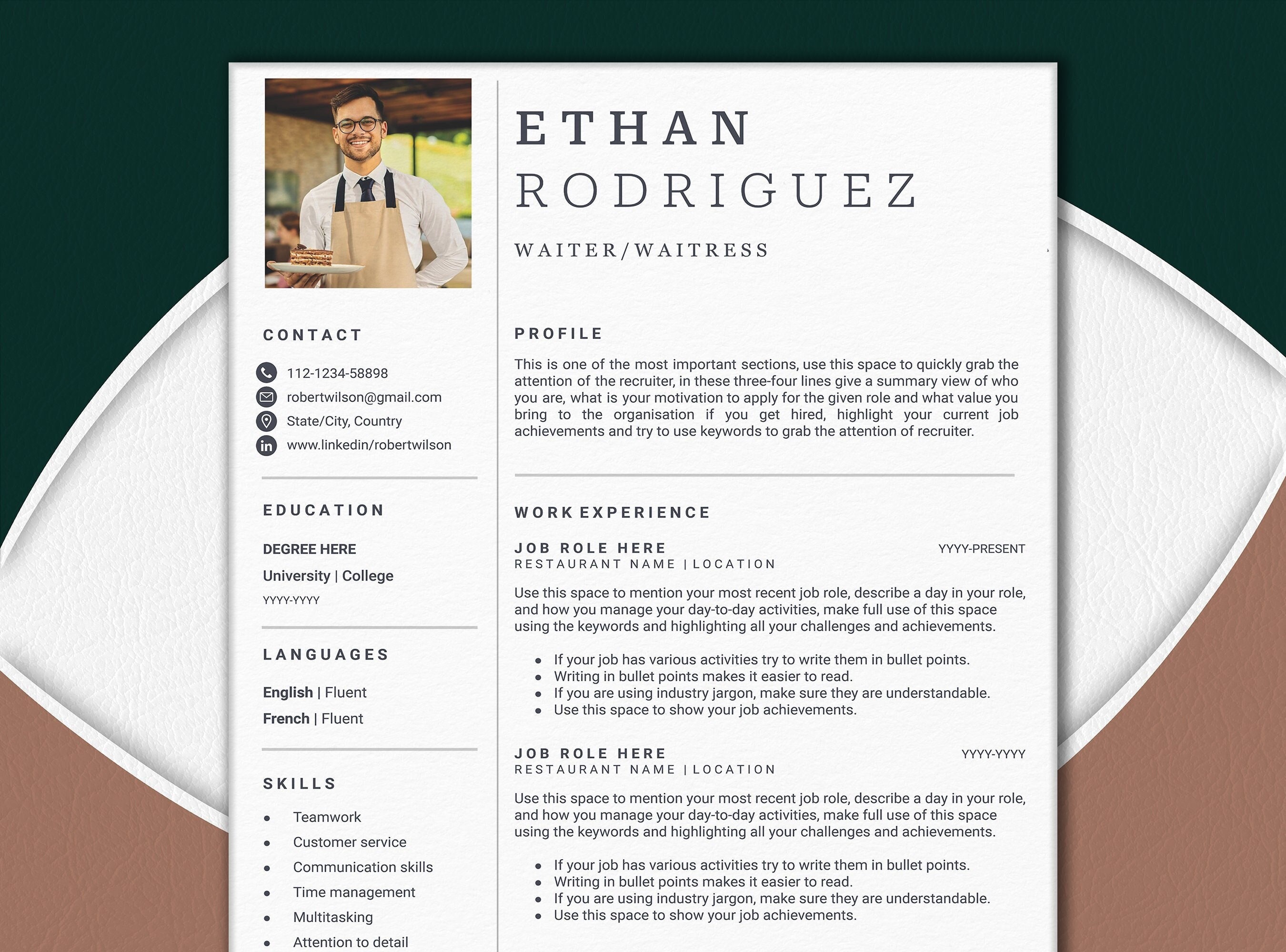 Waiter/waitress Resume Template for Word & Google Docs, Counter Waiter ...
