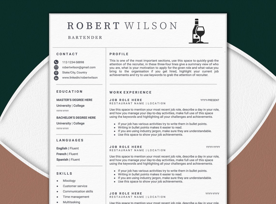 Bartender Resume Template, Bar Managers, Mixologists, Baristas Resume ...