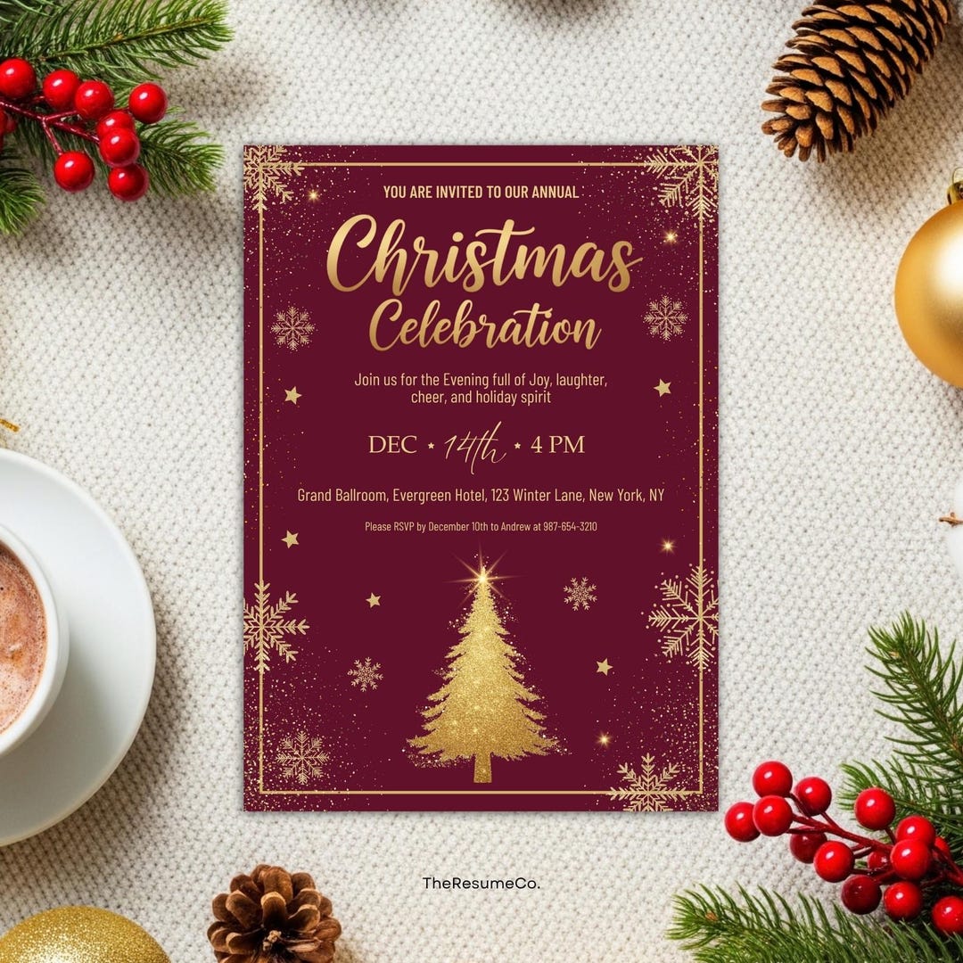 Elegant Christmas Party Invitation Template, Holiday Celebration Invite ...