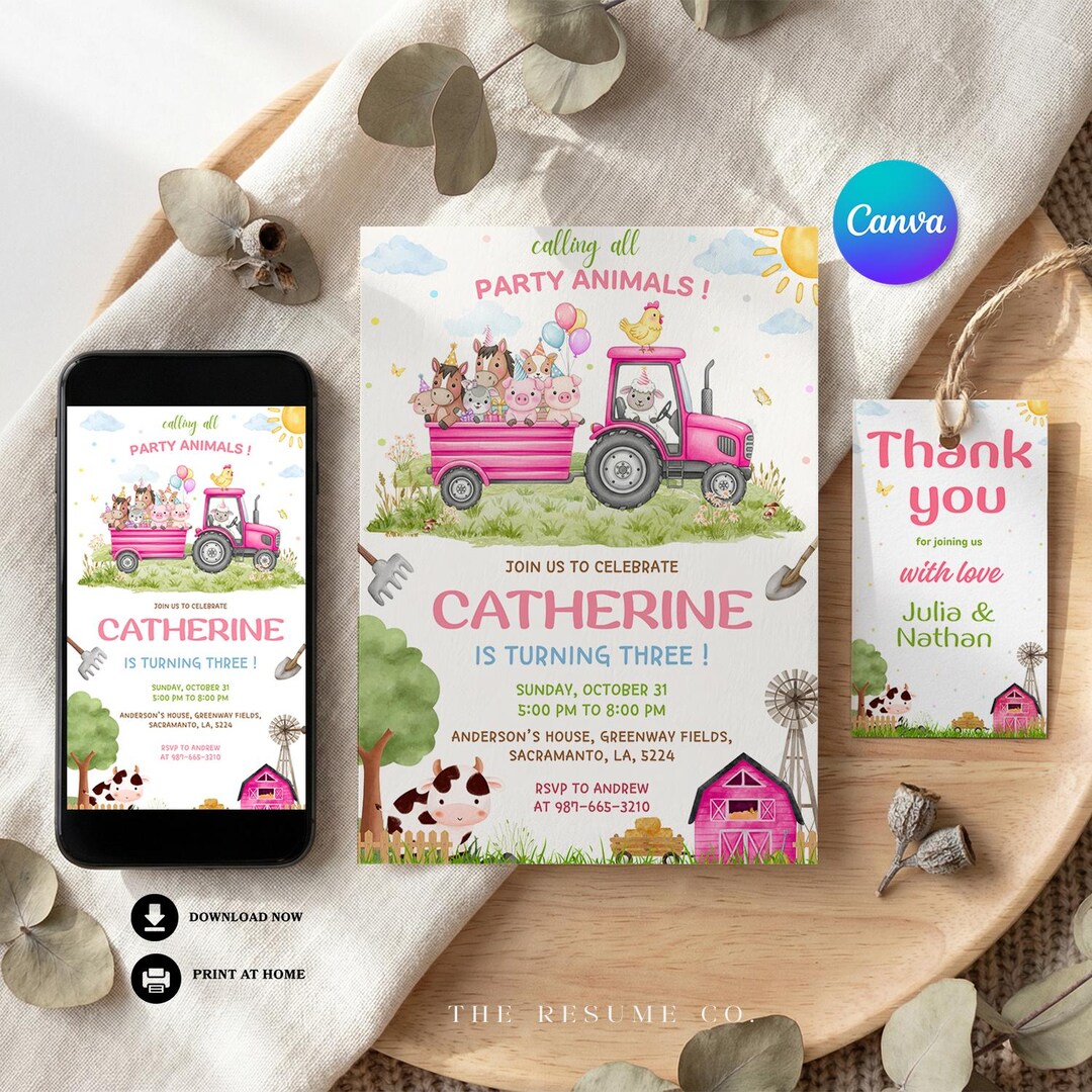 Tractor Farm Animals Birthday Invitation, Barnyard Theme Birthday ...