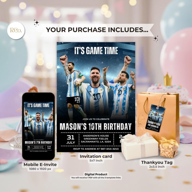 Messi Argentina Soccer Birthday Invitation, Canva Template (digital ...