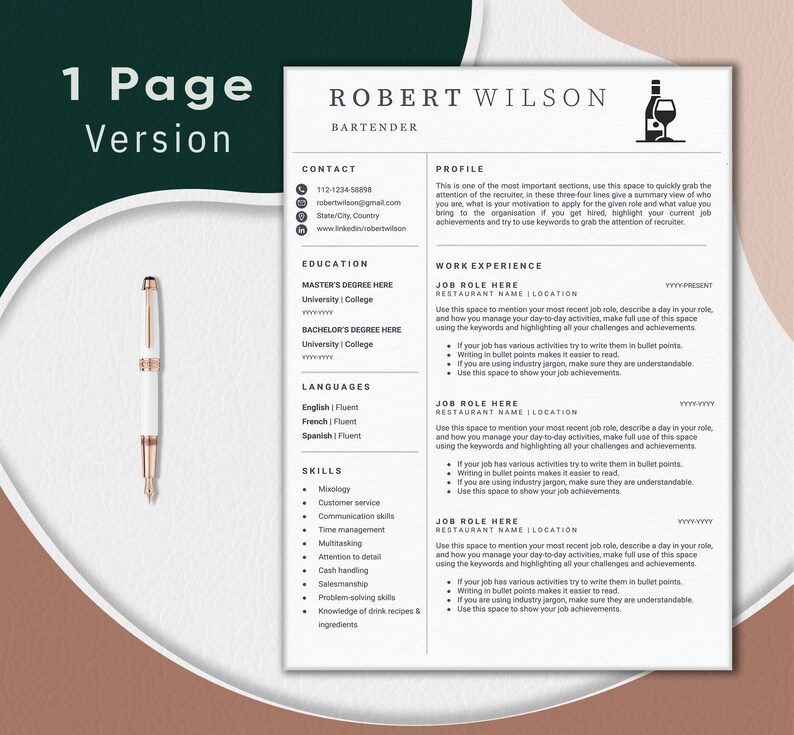 Bartender Resume Template, Bar Managers, Mixologists, Baristas Resume ...
