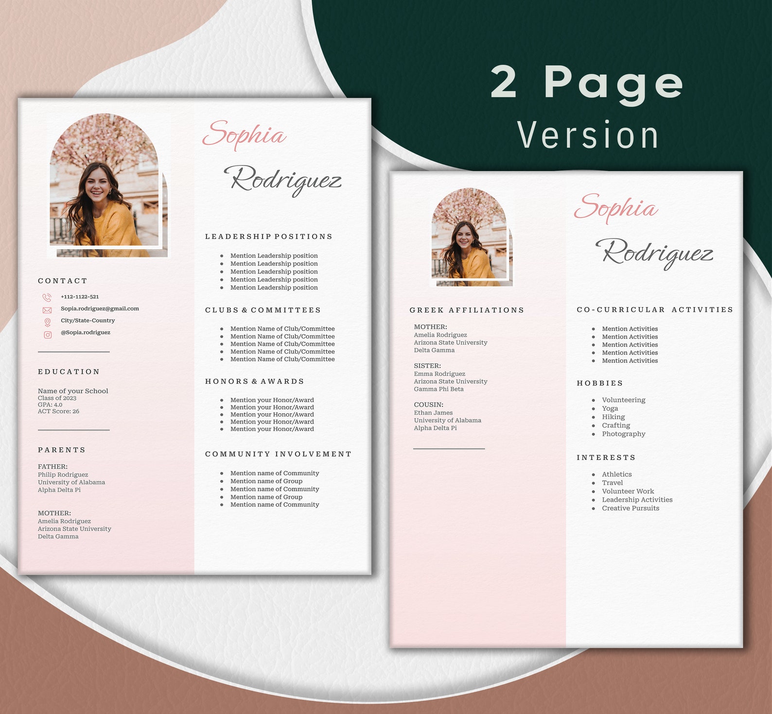 Sorority Resume Template With Photo, Editable Rush Resume Template ...