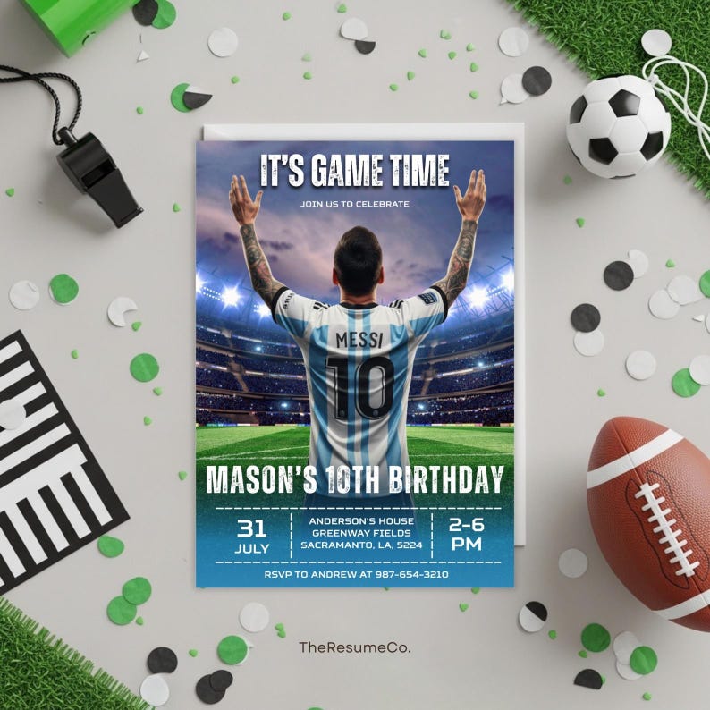 Messi Birthday Invitation, Argentina Soccer Invite, Football Birthday ...
