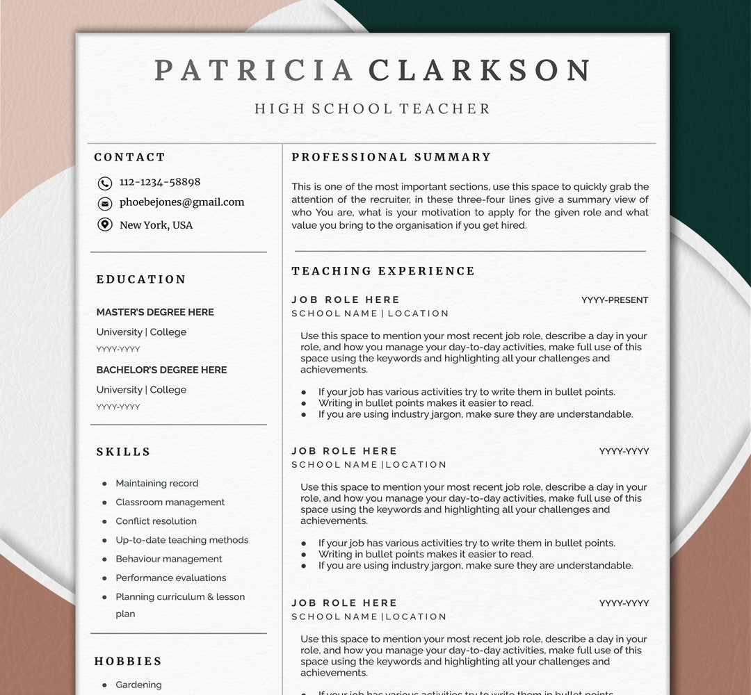 High School Teacher Resume Template School Teacher CV - Etsy